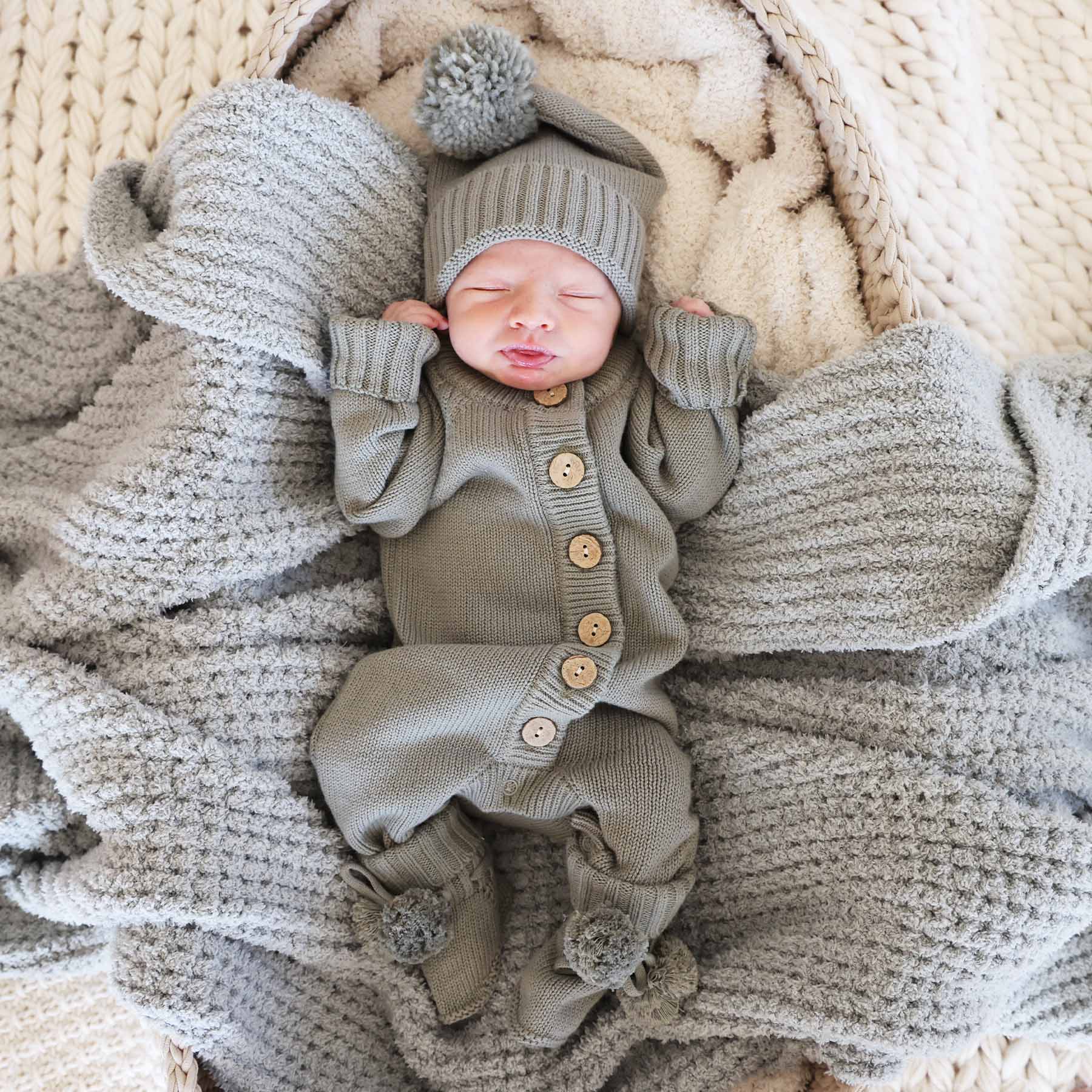 Knit Sweater Button Rompers & Pom Pom Booties – Caden Lane