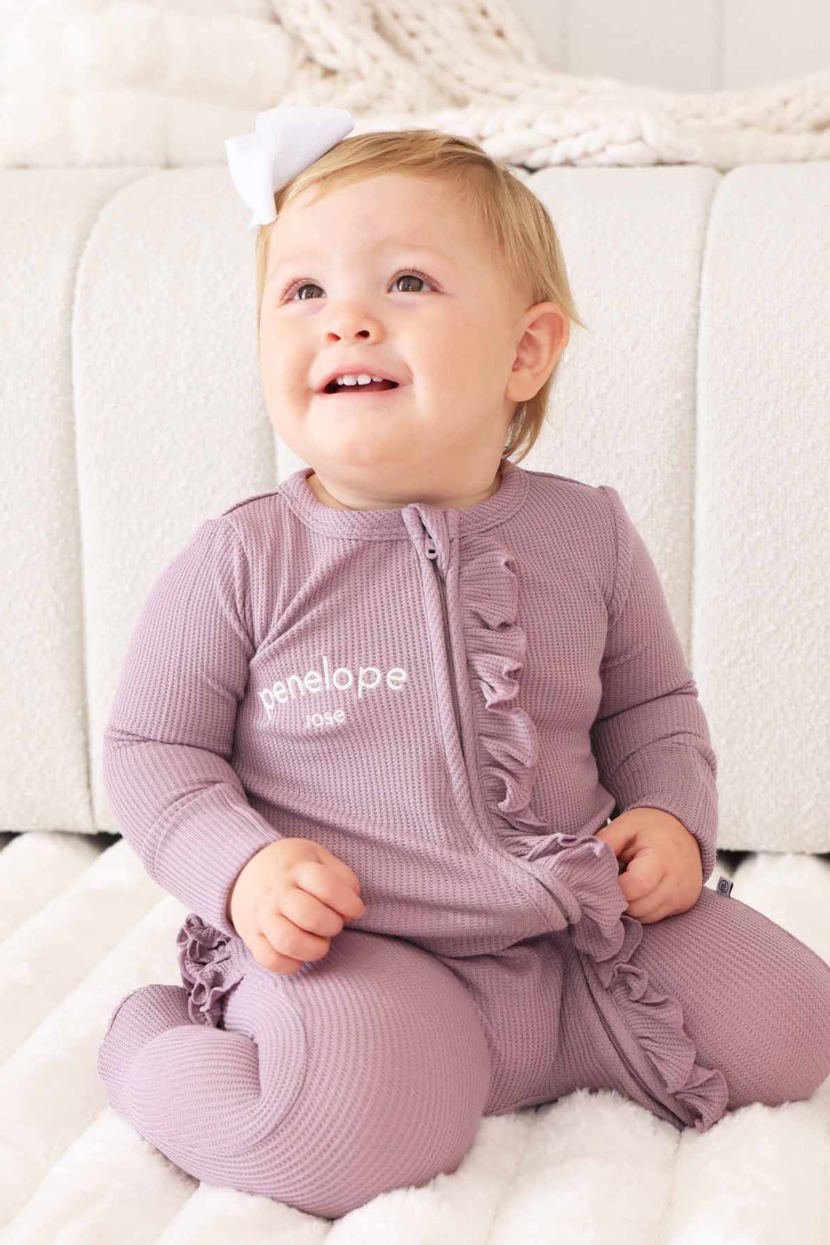 Embroidered Bamboo Waffle Zipper Ruffle Footie in Amethyst | Caden Lane