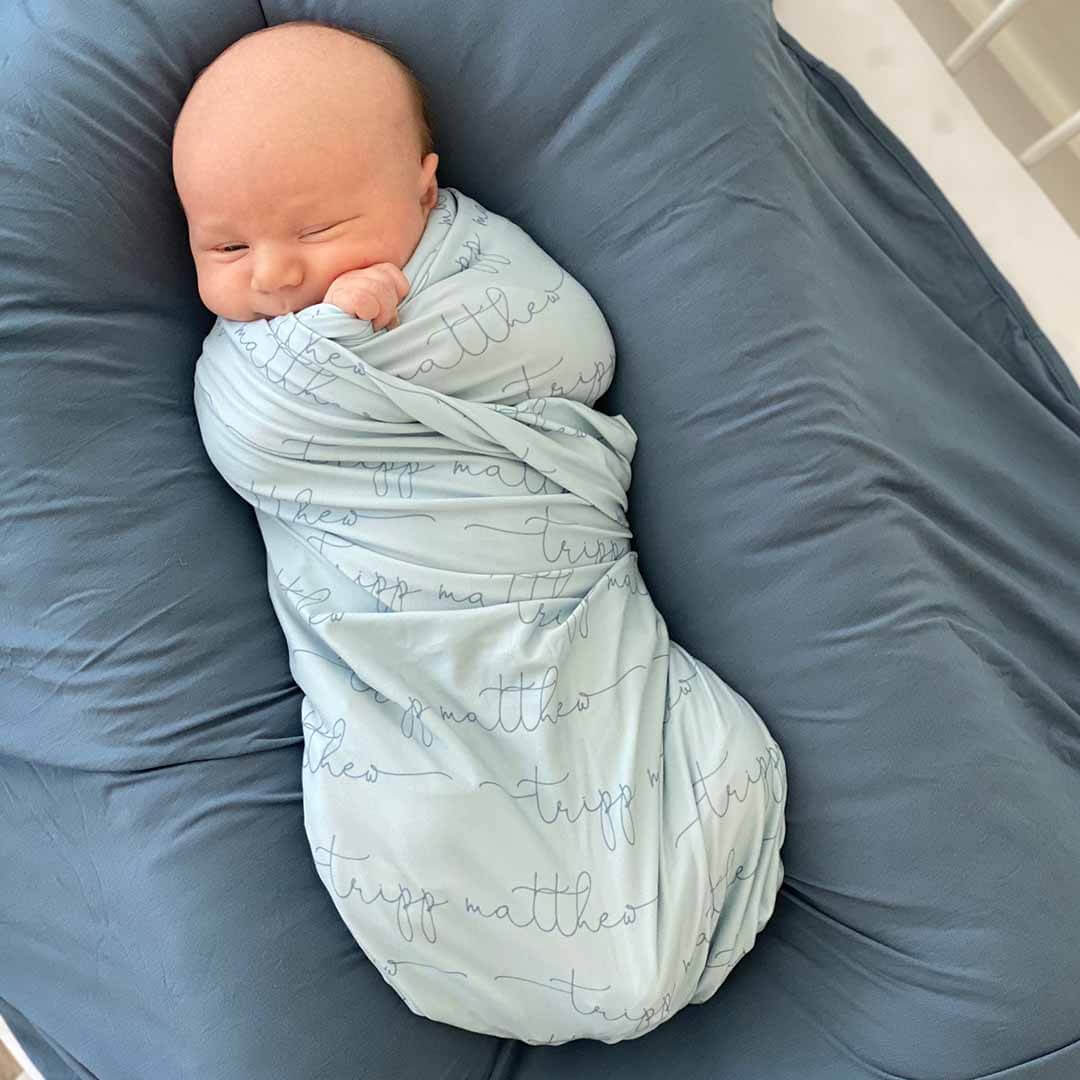 Personalized Light Dusty Blue Baby Name Swaddle Blanket | Caden Lane