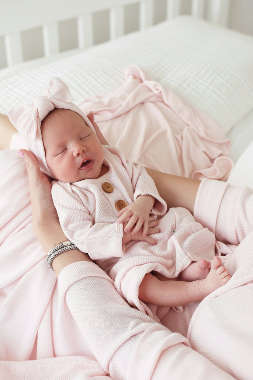 Pearl Pink Waffle Bamboo Newborn Baby Knot Gown & Hat Set | Caden Lane