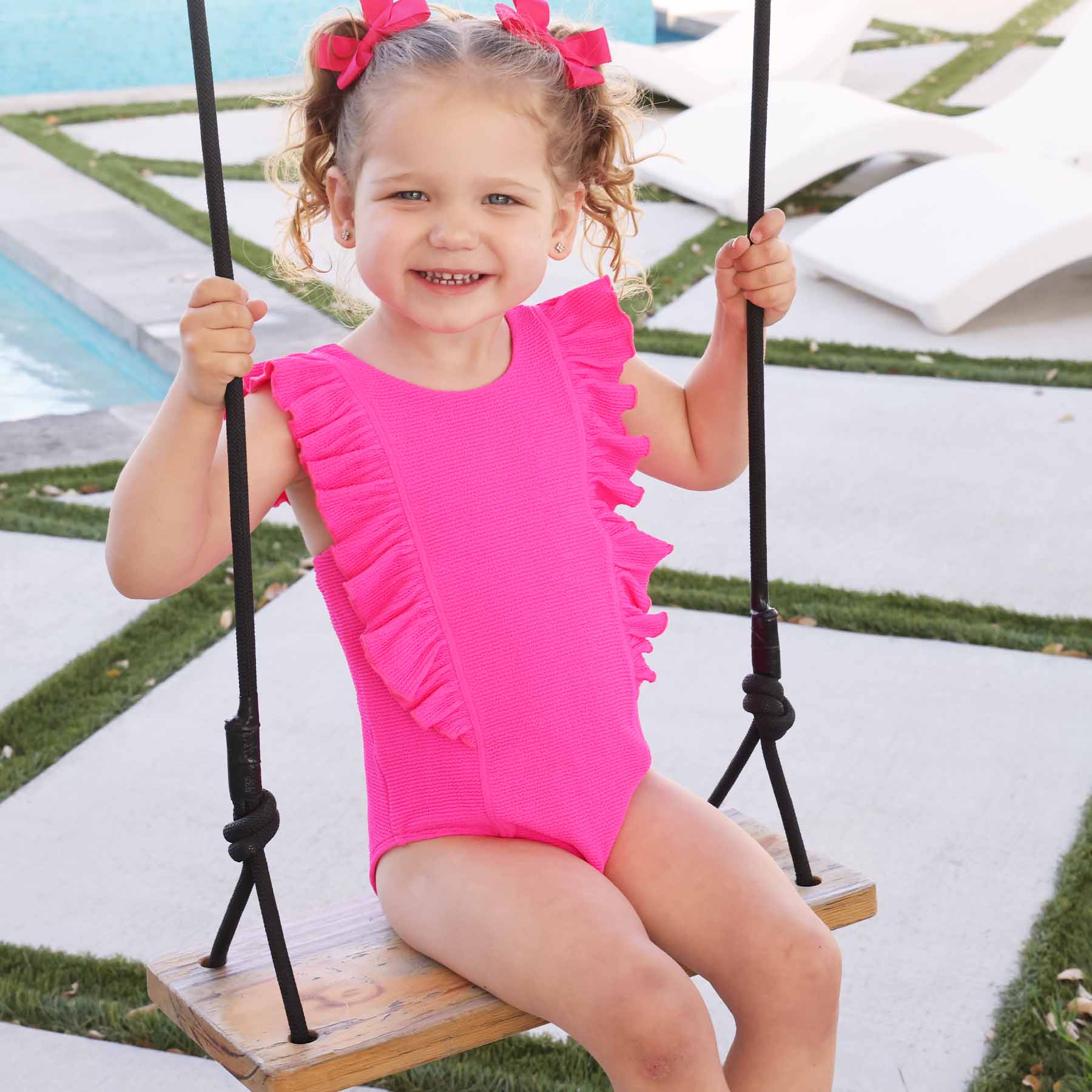 Double Ruffle Crinkle One-Piece | Neon Pink – Caden Lane